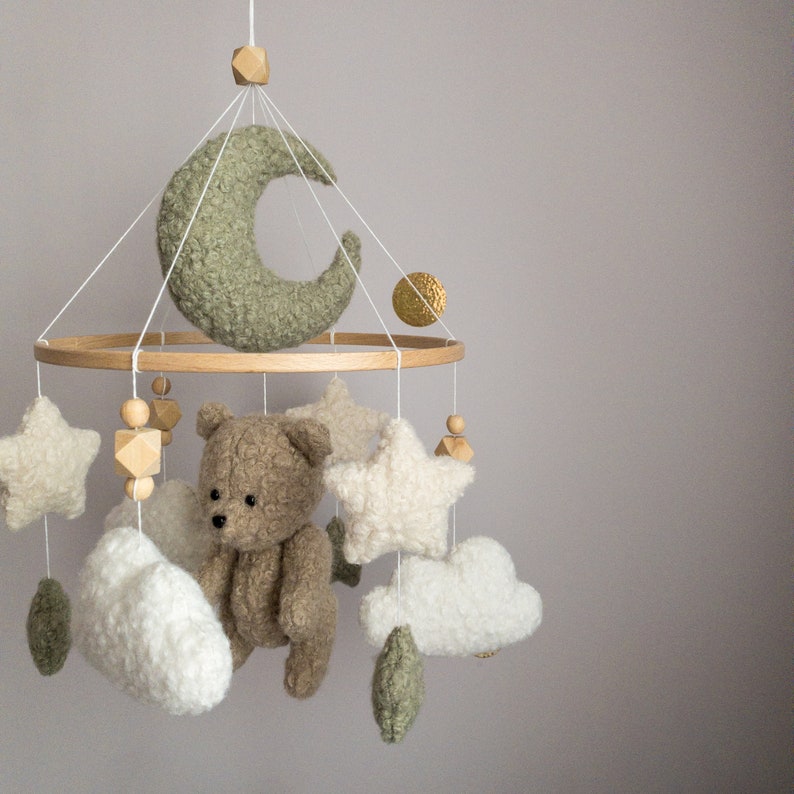 Teddy Bear Nursery Mobile Boucle Cloud Mobile Green Boucle Crib Mobile ...