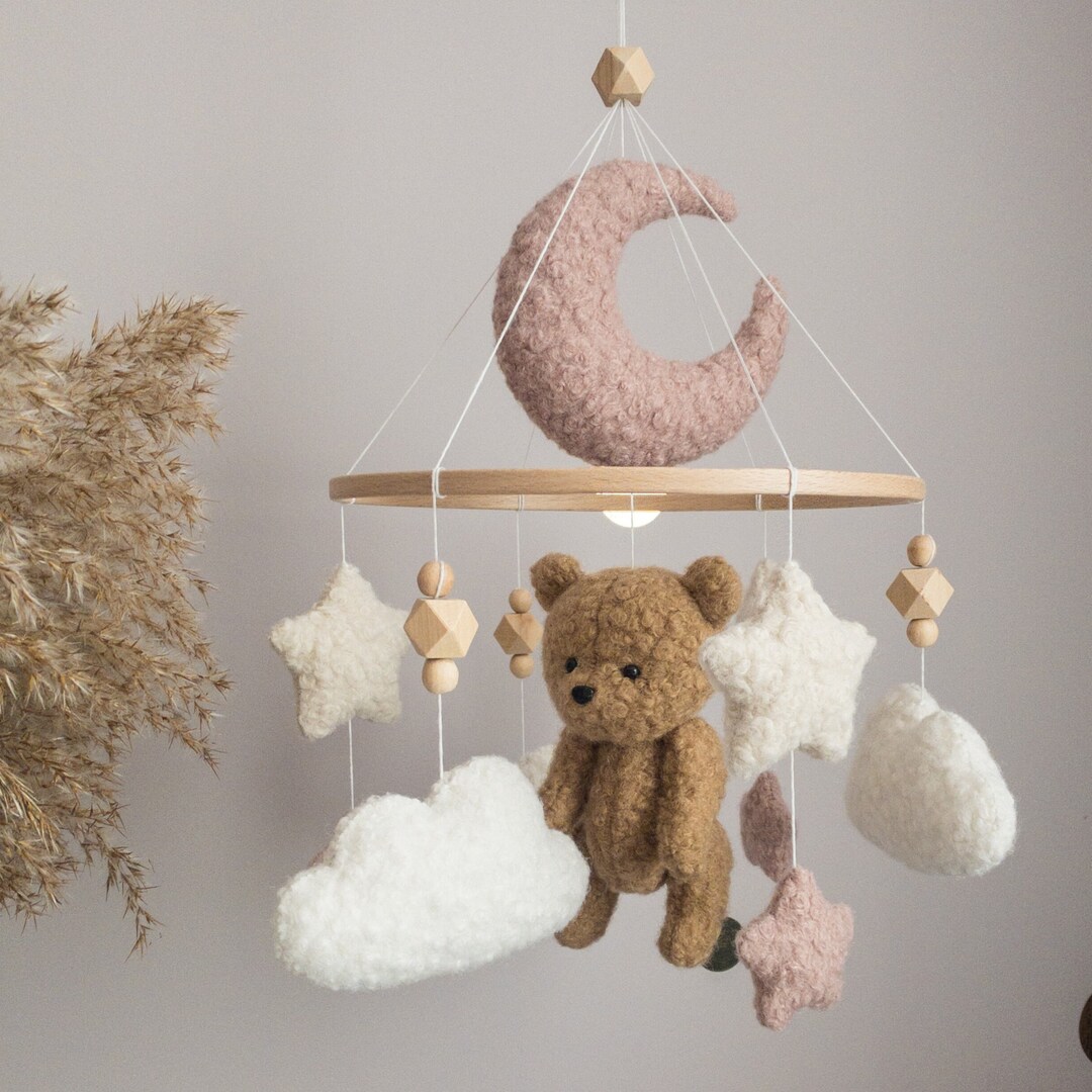 Boucle Crib Baby Mobile With Brown Bear Pink Boucle Mobile Girl Baby ...