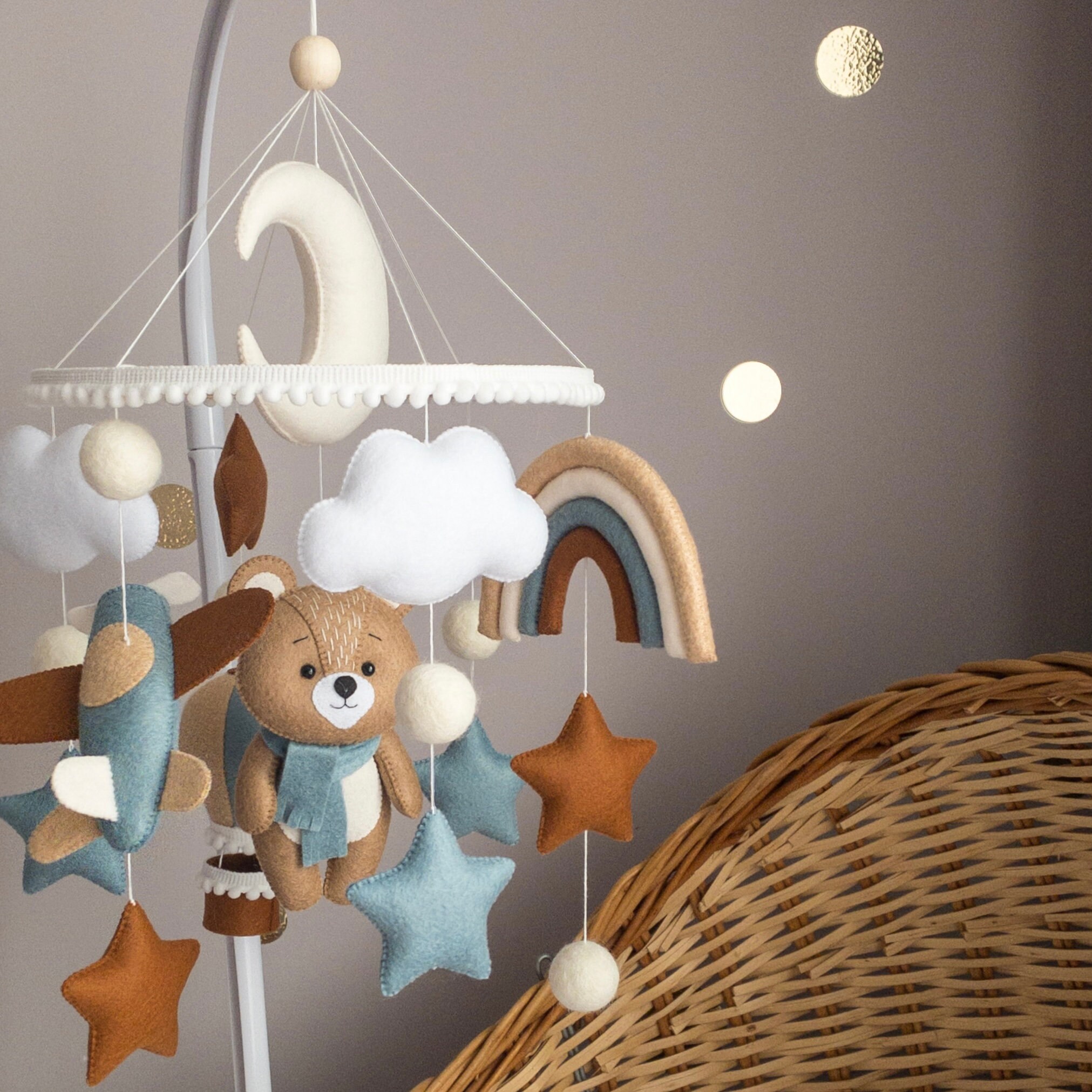 Teddy Bear Baby Mobile Blue Crib Mobile for Boy Felt Bear Crib Mobile ...