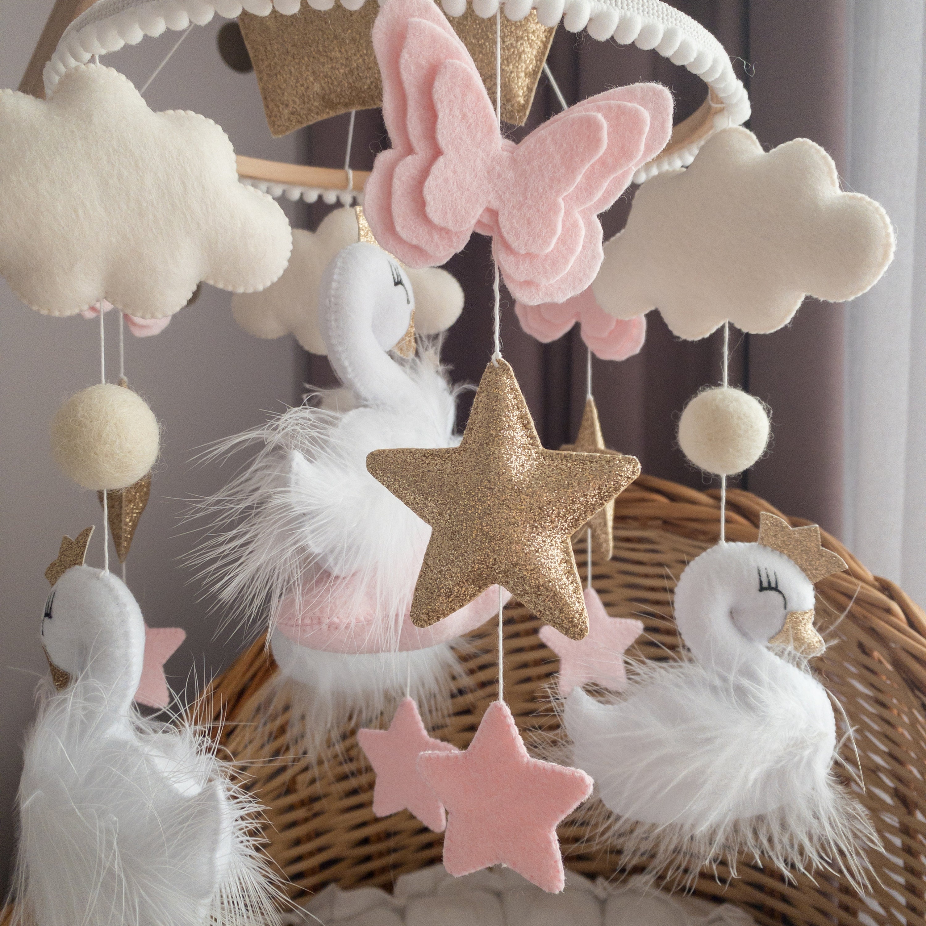 Swan Baby Mobile for Girl, Princess Softpink Nursery Mobile, Felt Crib ...