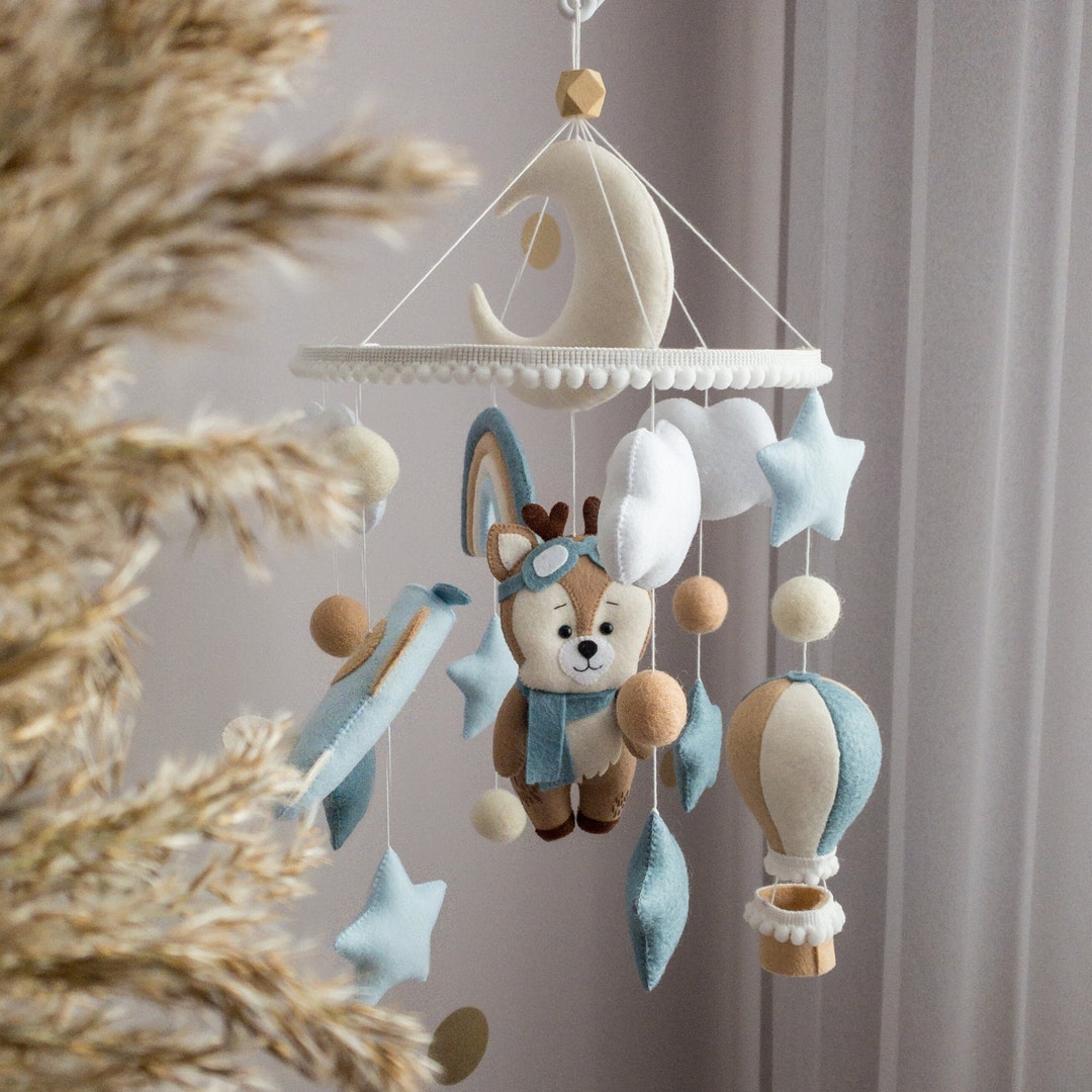 Blue Baby Boy Mobile Flying Deer Airplane Rainbow Mobile Felt Baby ...