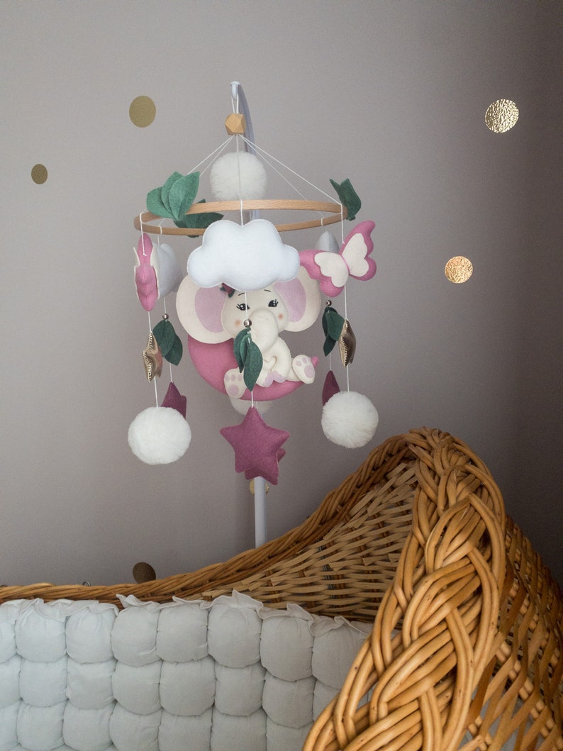 Pink Baby Mobile for Girl With Elephant on the Moon Butterfly Crib ...