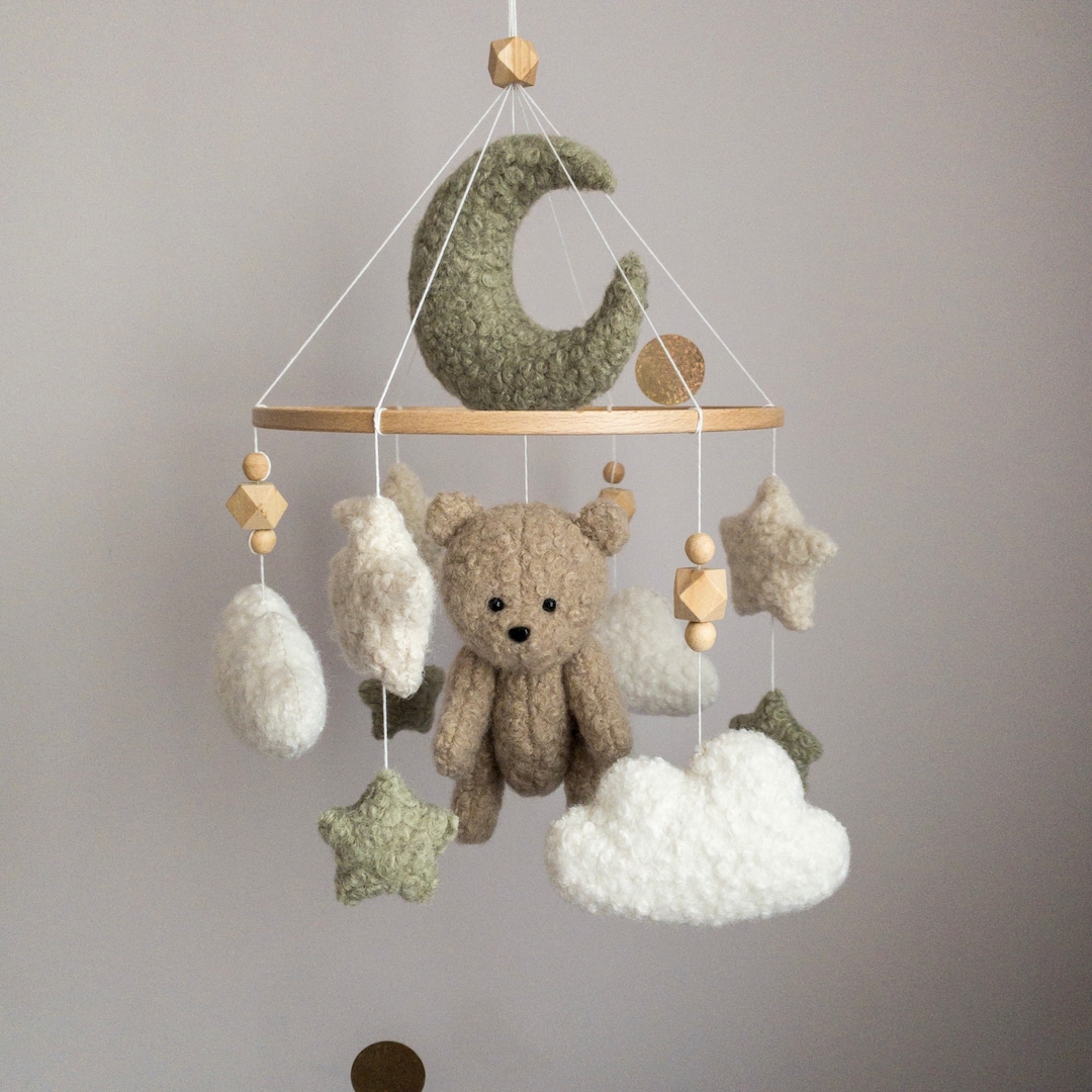 Teddy Bear Nursery Mobile Boucle Cloud Mobile Green Boucle Crib Mobile ...