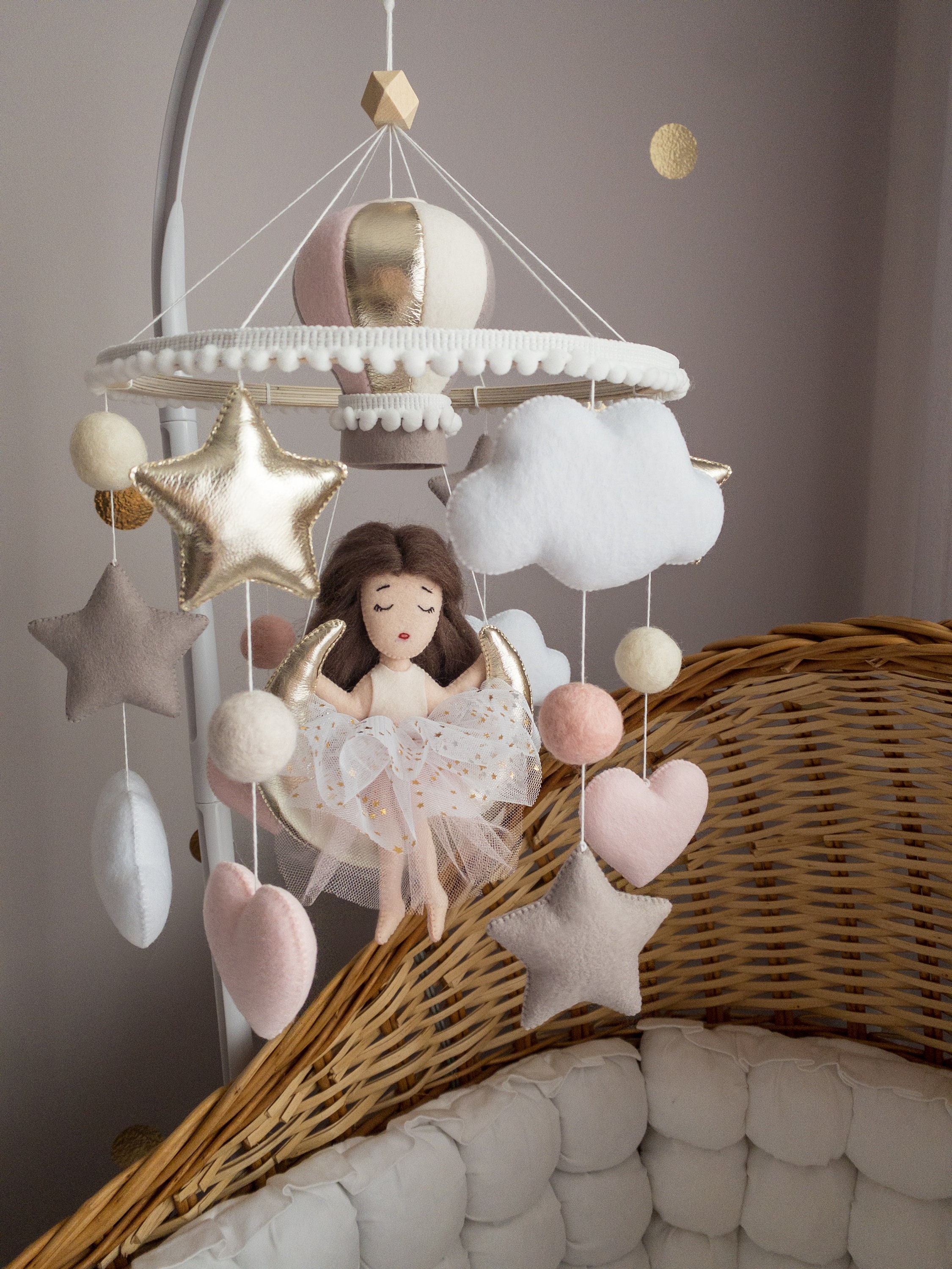 Pink Baby Mobile With Fairy Doll Pink Hearts Nursery Mobile Wizard Girl ...