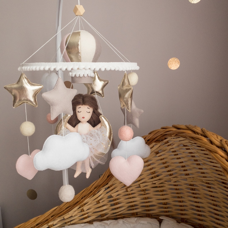 Pink Baby Mobile With Fairy Doll Pink Hearts Nursery Mobile Wizard Girl ...