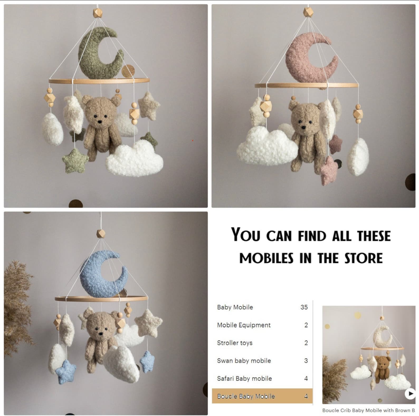 Boucle Blue Baby Mobile Teddy Bear Crib Mobile Boucle Nursery Mobile ...