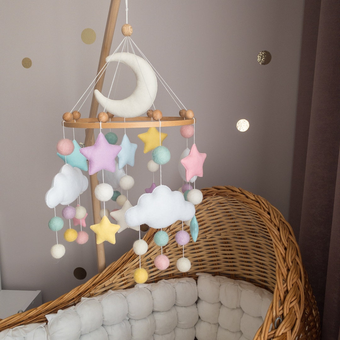 Colorful Baby Mobil Girl Cloud Moon Stars Nursery Decor Minimalist Baby ...