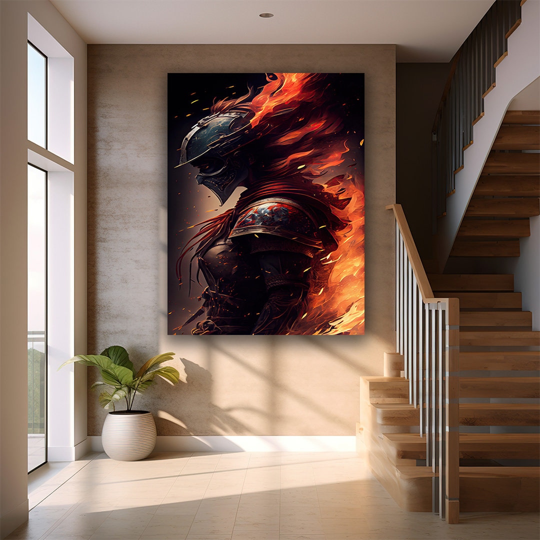 Female Warrior Wall Art Female Ninja Modern Art Flaming Female Art Red ...