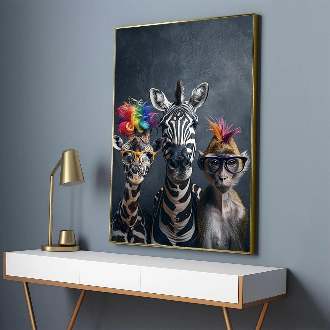 Funny Animal Canvas Print, Colorful Zebra Giraffe Monkey in Glasses ...