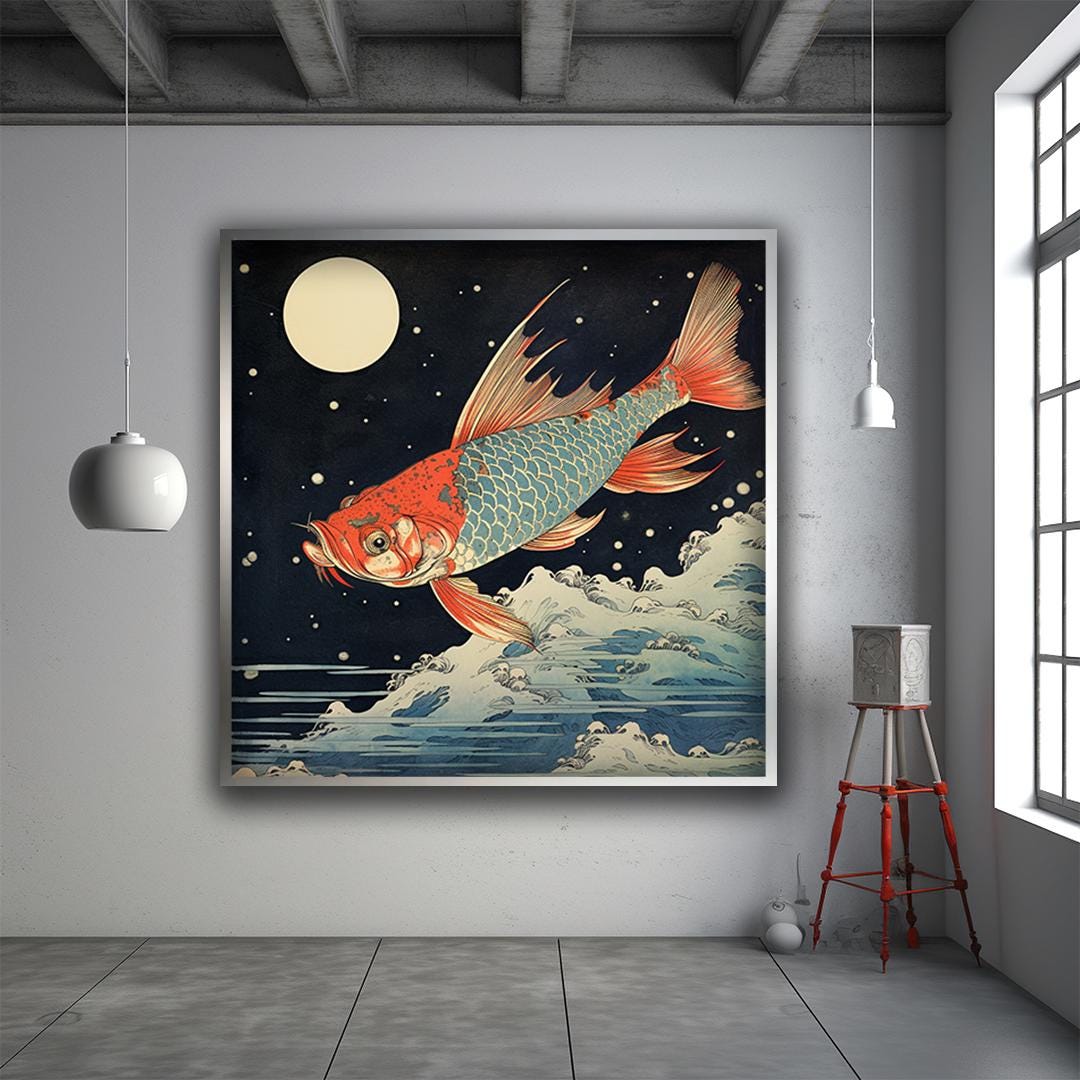 Flying Koi Fish Canvas Wall Art, Ready-to-hang Japanese Moonlit Painting, Mythical Animal Decor ...