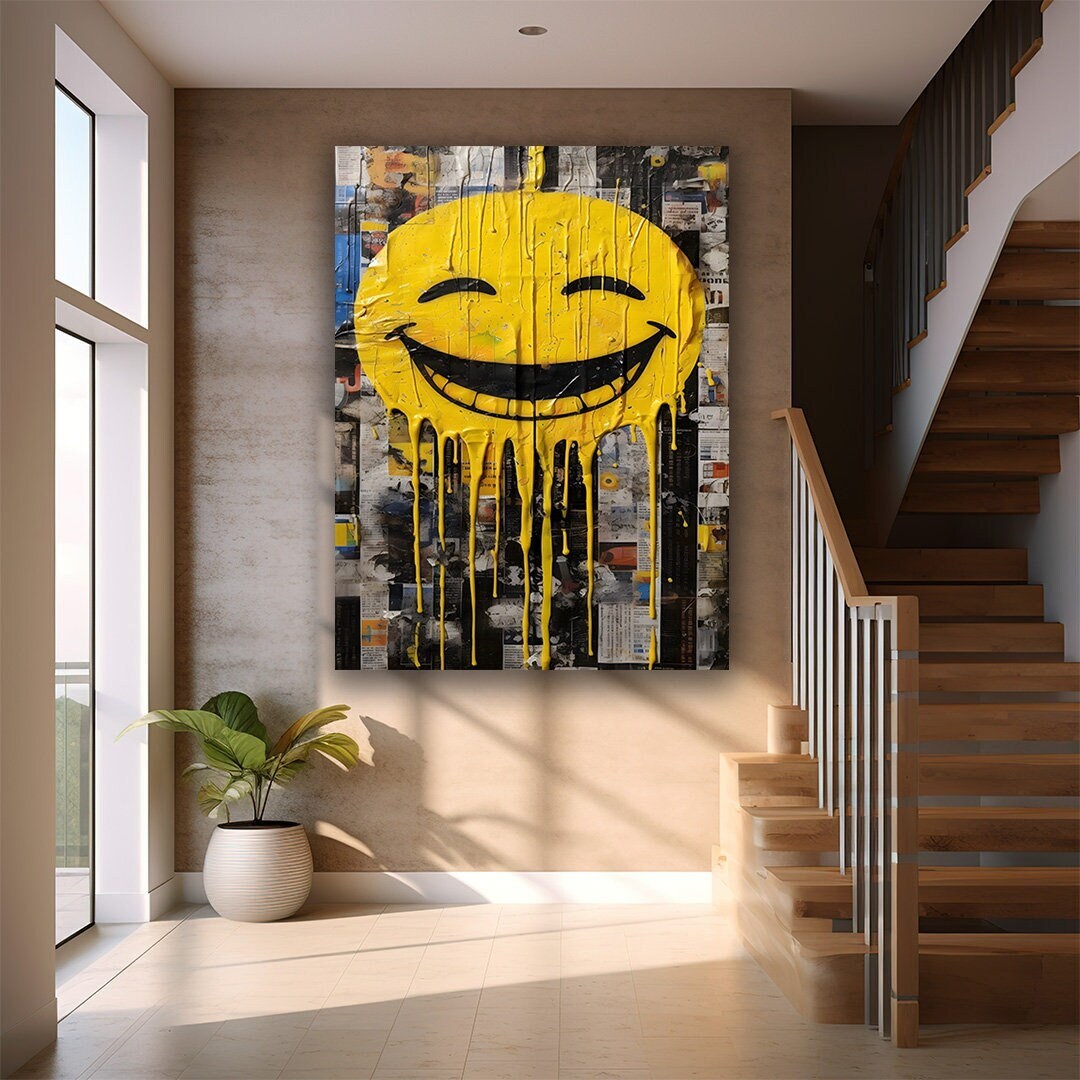 Smiley Face on the Wall Canvas Print Home Decor, Yellow Smile Canvas ...