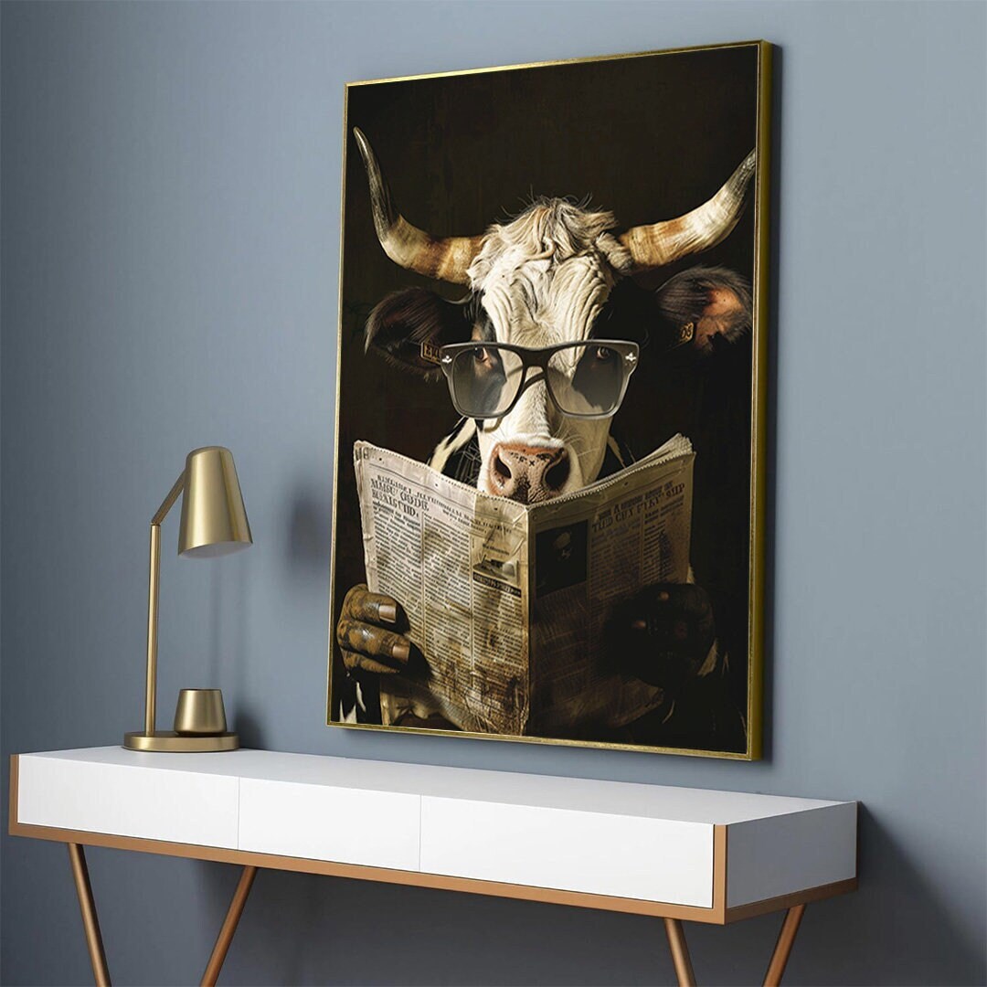Funny Cow Reading Newspaper Canvas Art, Animal Wearing Sunglasses Wall ...