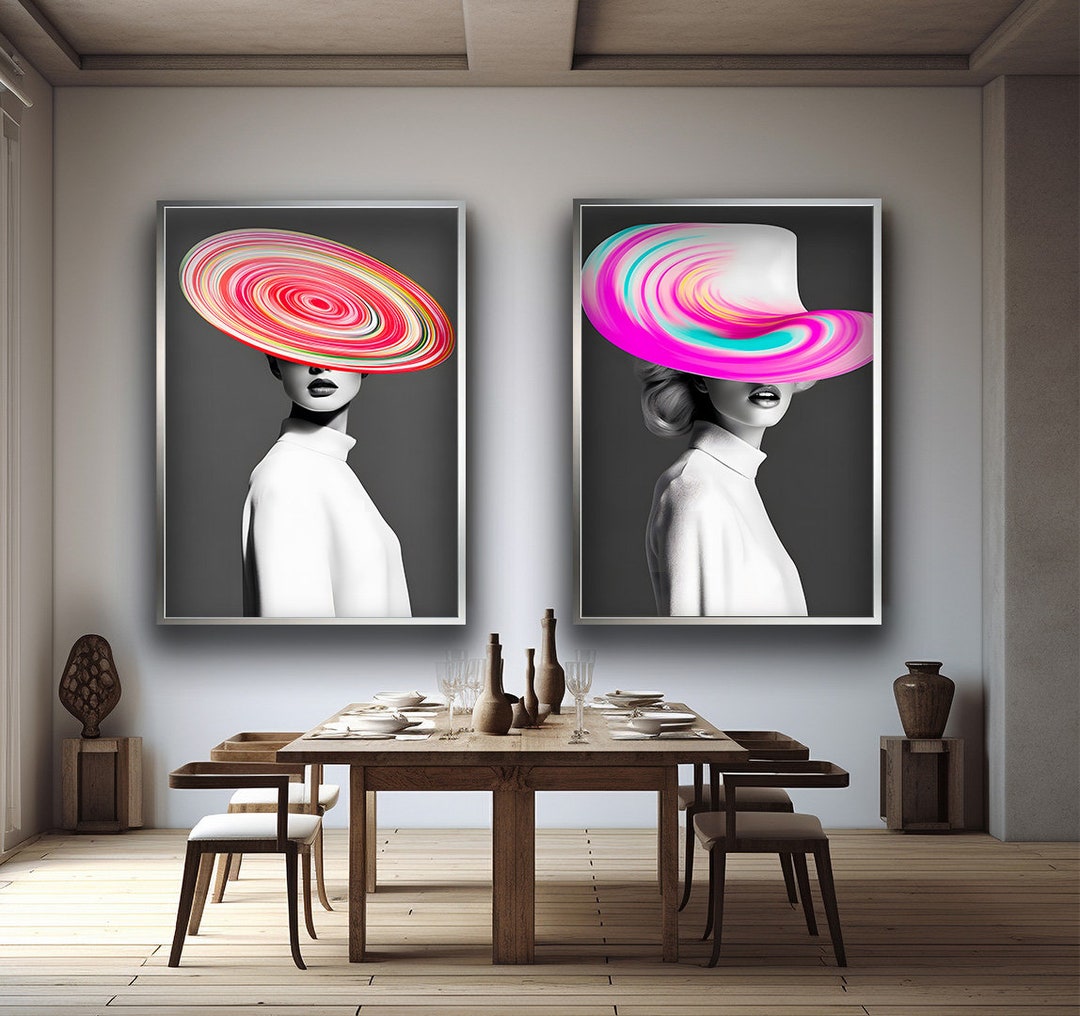 Abstract Fashion Art Set – Modern Woman With Colorful Hat Prints ...