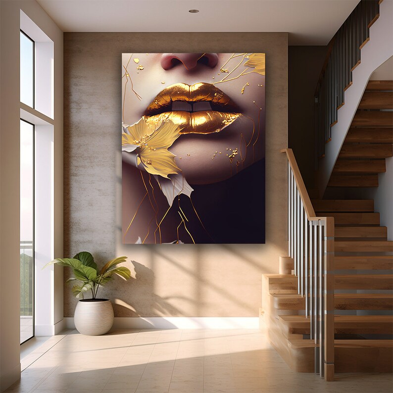 Gold Lip Canvas Print Art, Woman With Flower Lips Canvas Print Ready to ...