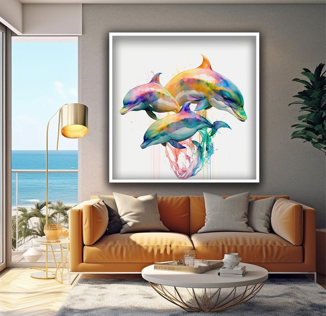 Dolphin Canvas Print Art, Colorful Dolphin Fish Canvas Room Decor ...