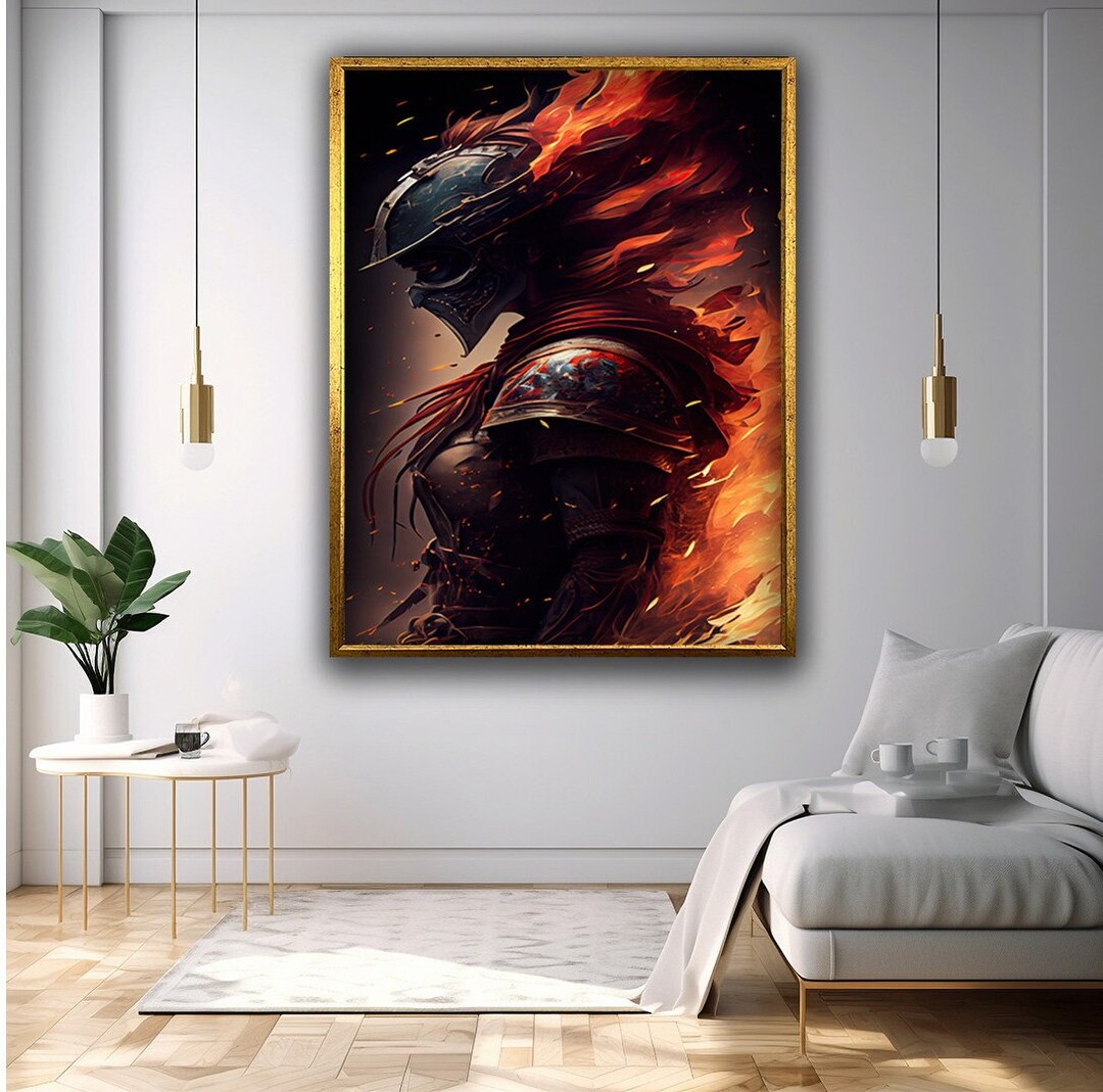 Female Warrior Wall Art Female Ninja Modern Art Flaming Female Art Red ...