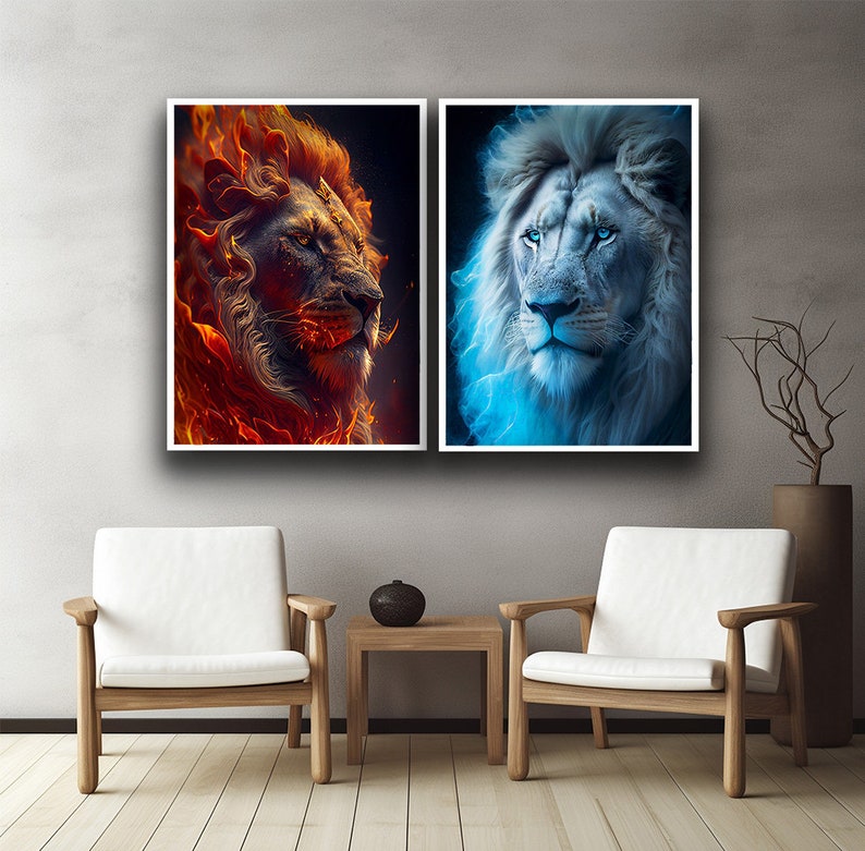 Lions Canvas Print Art, Flaming Lion Canvas Print Wall Decor, Blue ...