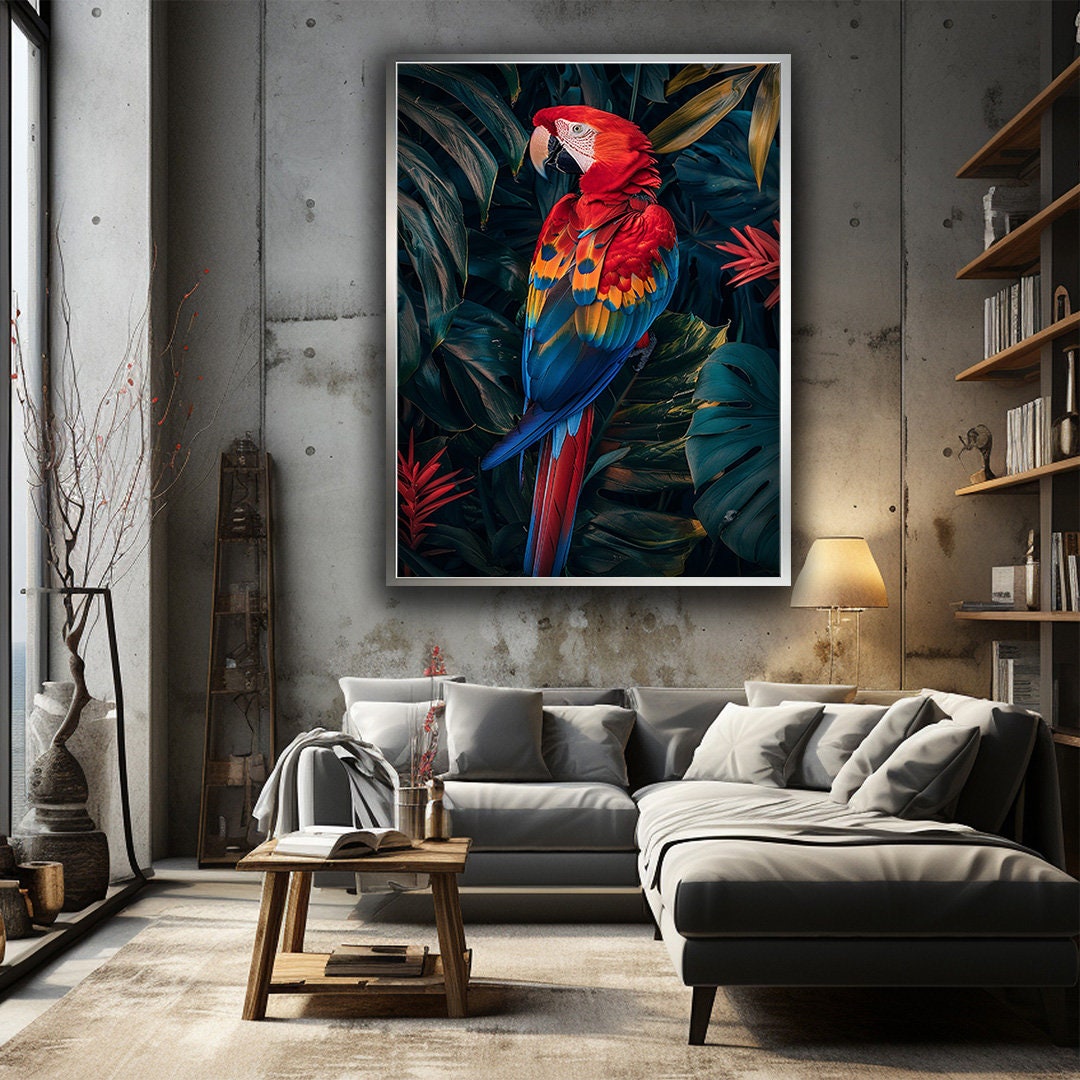 Parrot Among Plants Canvas Painting, Pet Parrot Canvas Wall Decor ...