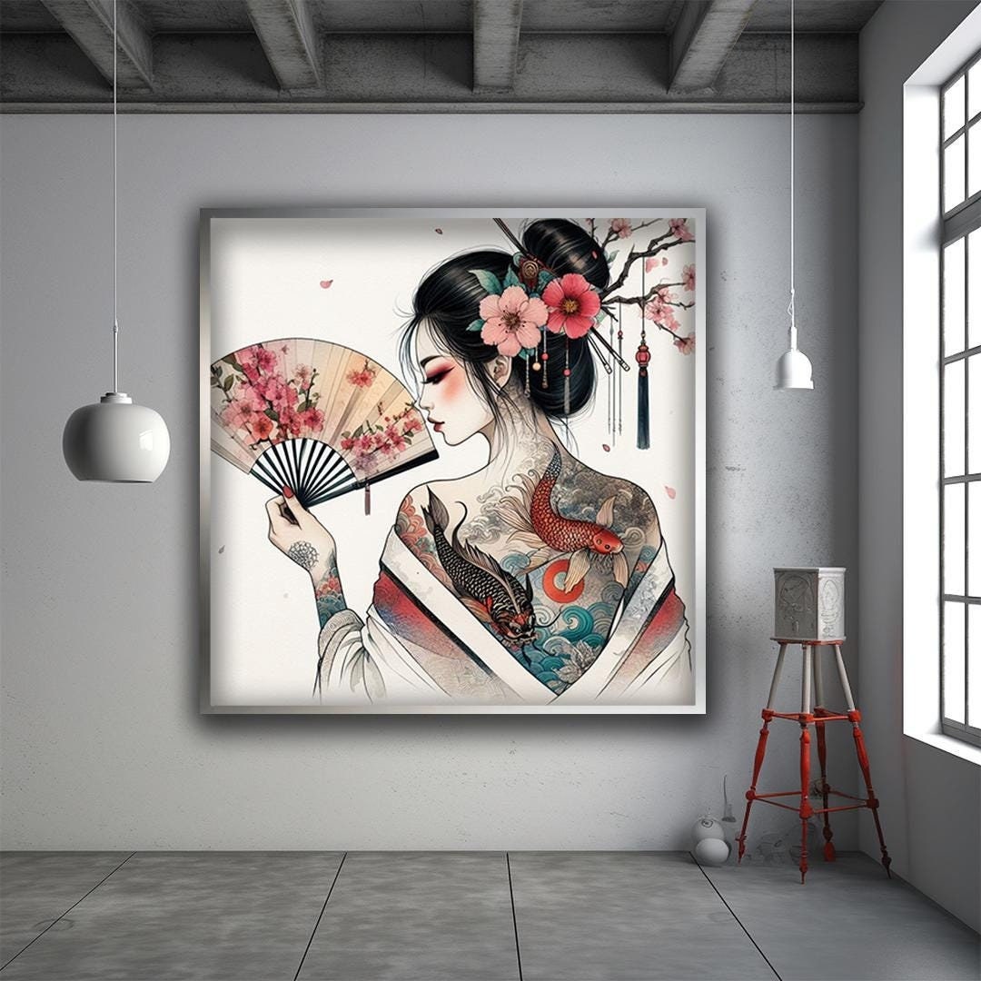 Japanese Geisha With Koi Tattoo Art Print, Elegant Asian-inspired Wall ...