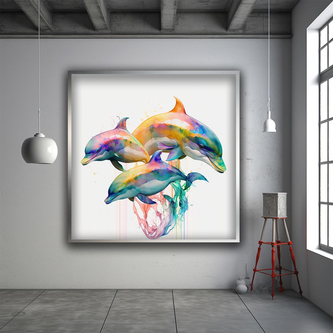 Dolphin Canvas Print Art, Colorful Dolphin Fish Canvas Room Decor ...