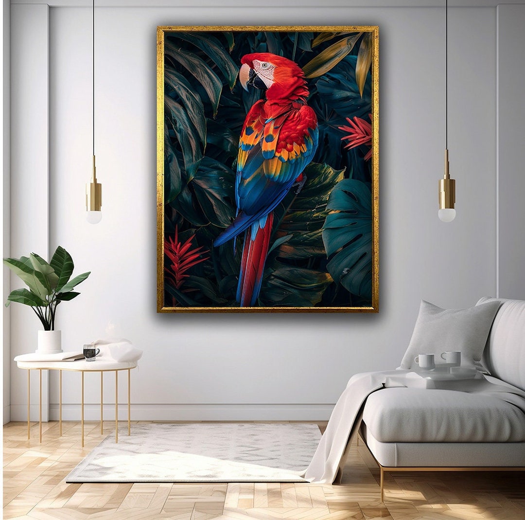Parrot Among Plants Canvas Painting, Pet Parrot Canvas Wall Decor ...