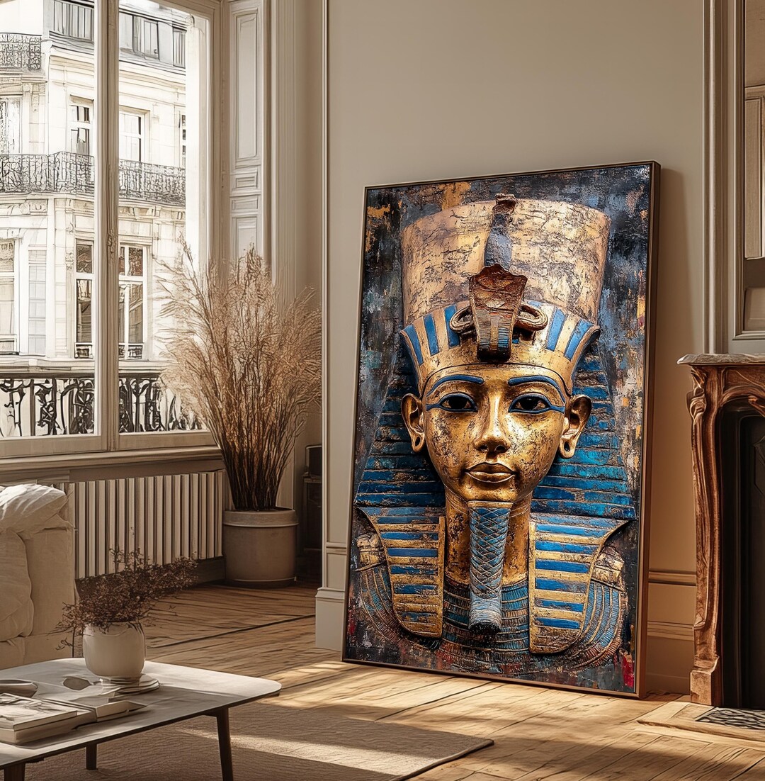 Ancient Egyptian Pharaoh Wall Art, King Tutankhamun Mask, Gold and Blue ...