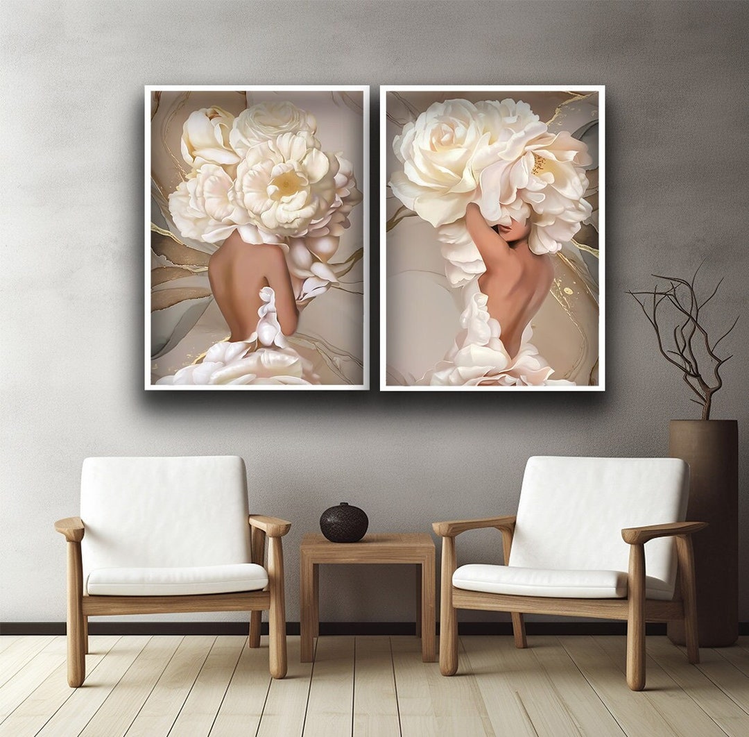 Flower Faced Woman Canvas Print Art, White Flower Headed Woman Canvas ...