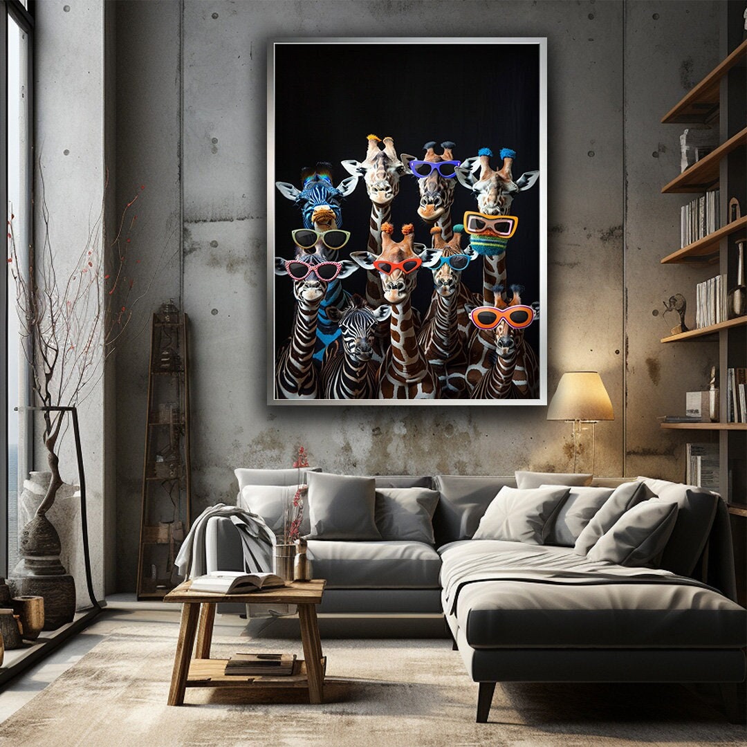 Funky Giraffes Wall Art, Giraffes With Glasses Canvas Wall Decor, Happy ...