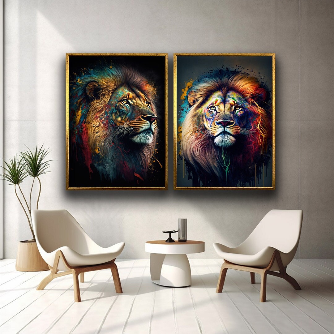 Majestic Abstract Lion Canvas Set – Vibrant Multicolor Lion Wall Art ...