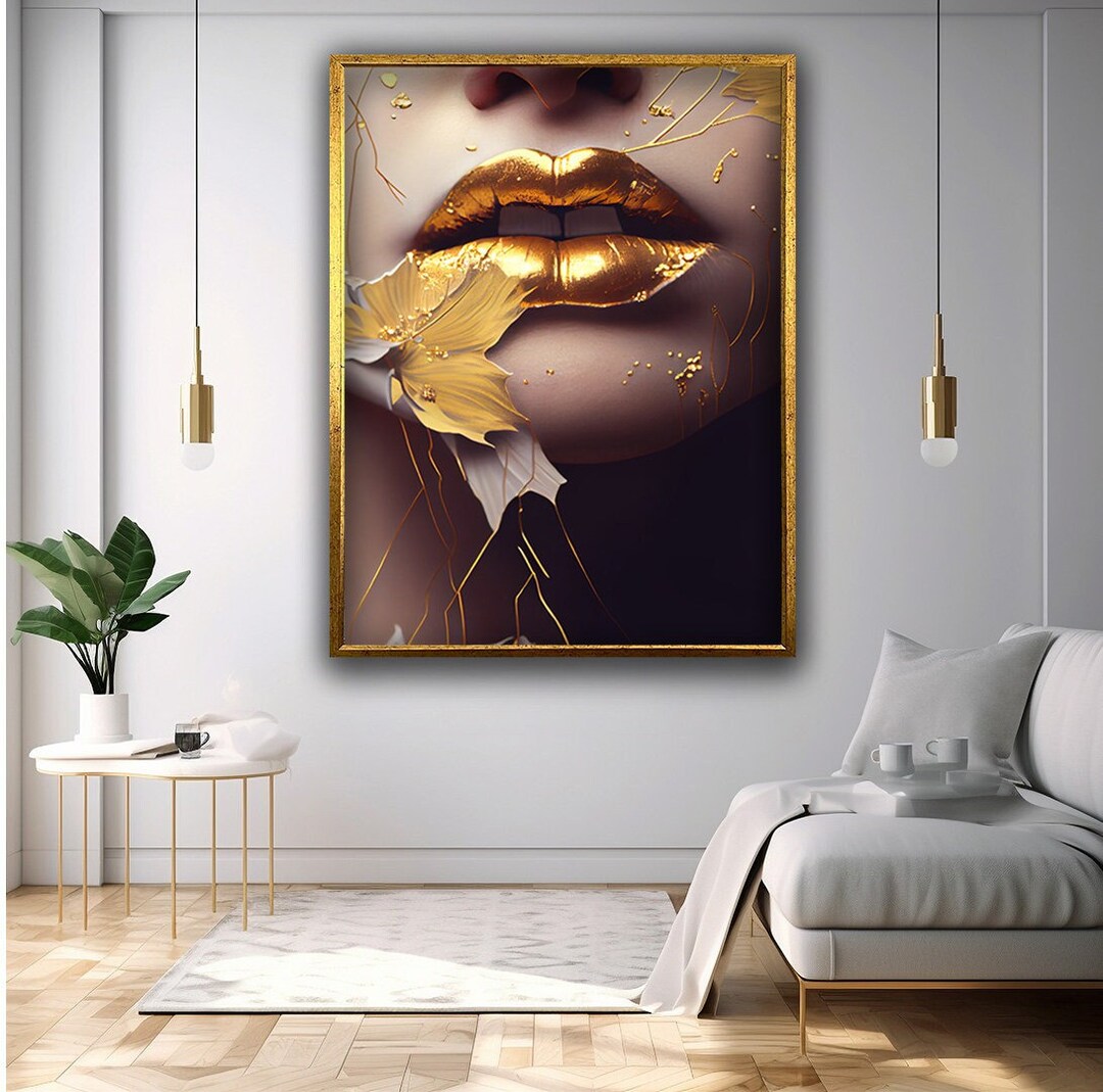 Gold Lip Canvas Print Art, Woman With Flower Lips Canvas Print Ready to ...