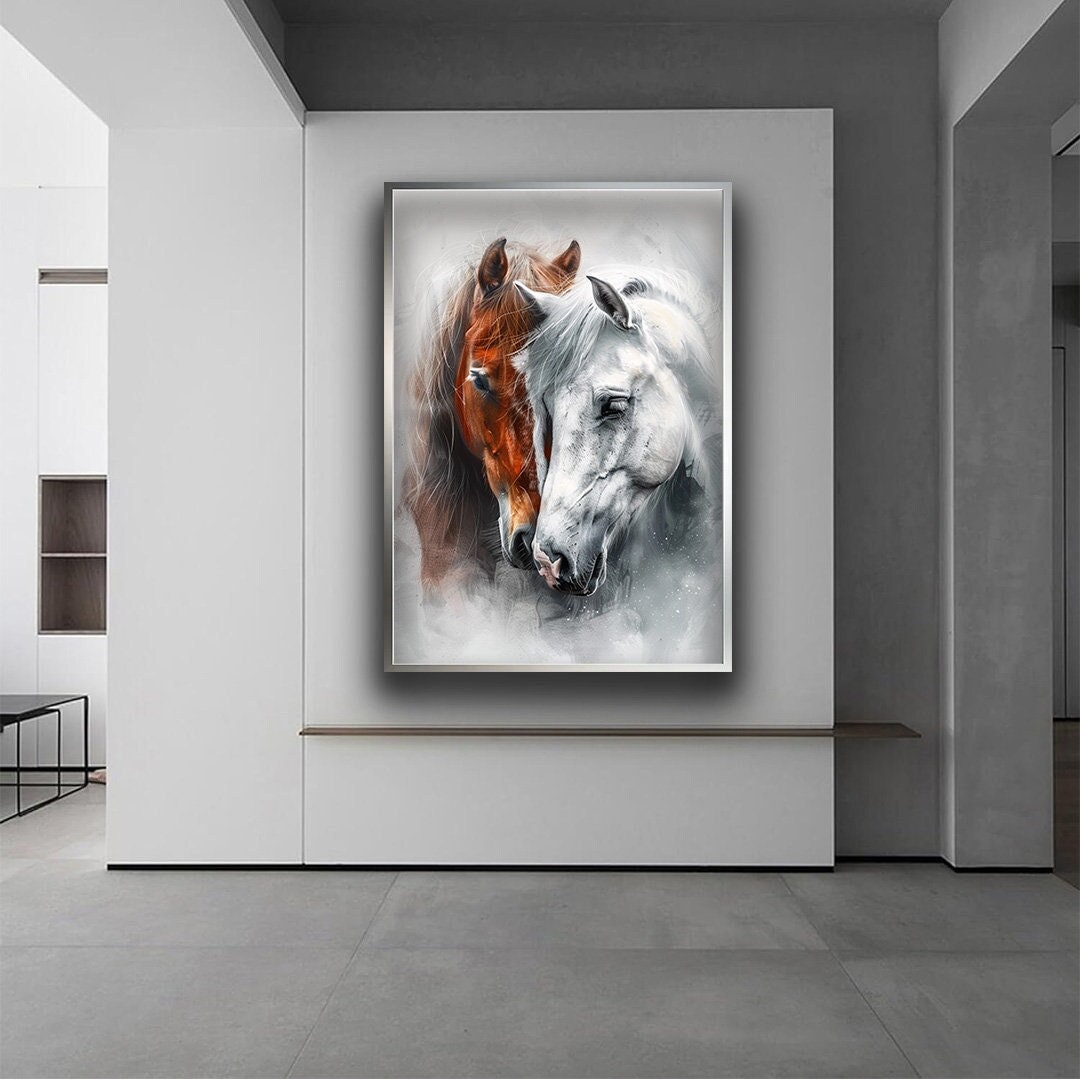 Two Horses Canvas Print, White and Brown Horses Art, Realistic Animal ...
