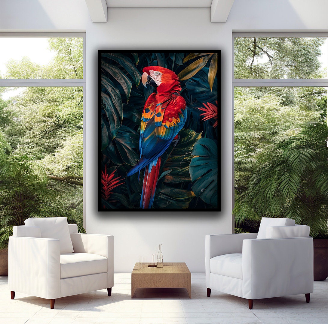 Parrot Among Plants Canvas Painting, Pet Parrot Canvas Wall Decor ...