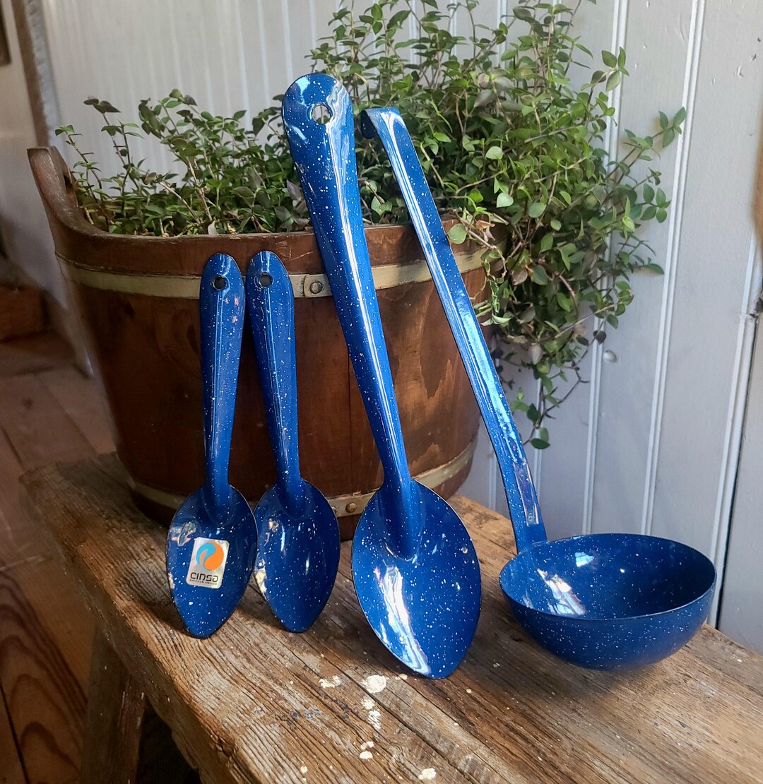 Set of 4! Vintage (1980s-90s) Metal Camping Utensils- Blue Specled- 2 ...