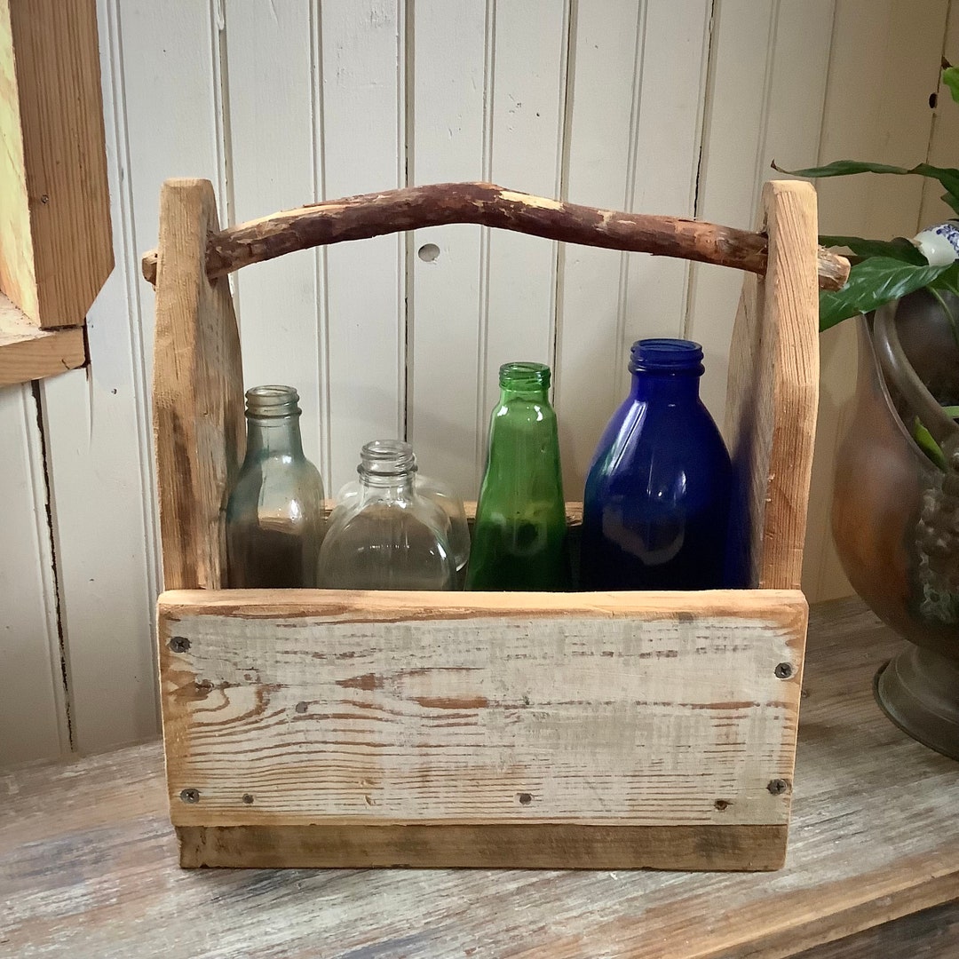 Handmade Wooden Carrying Box With Extras 5 Antique Glass Bottles With ...