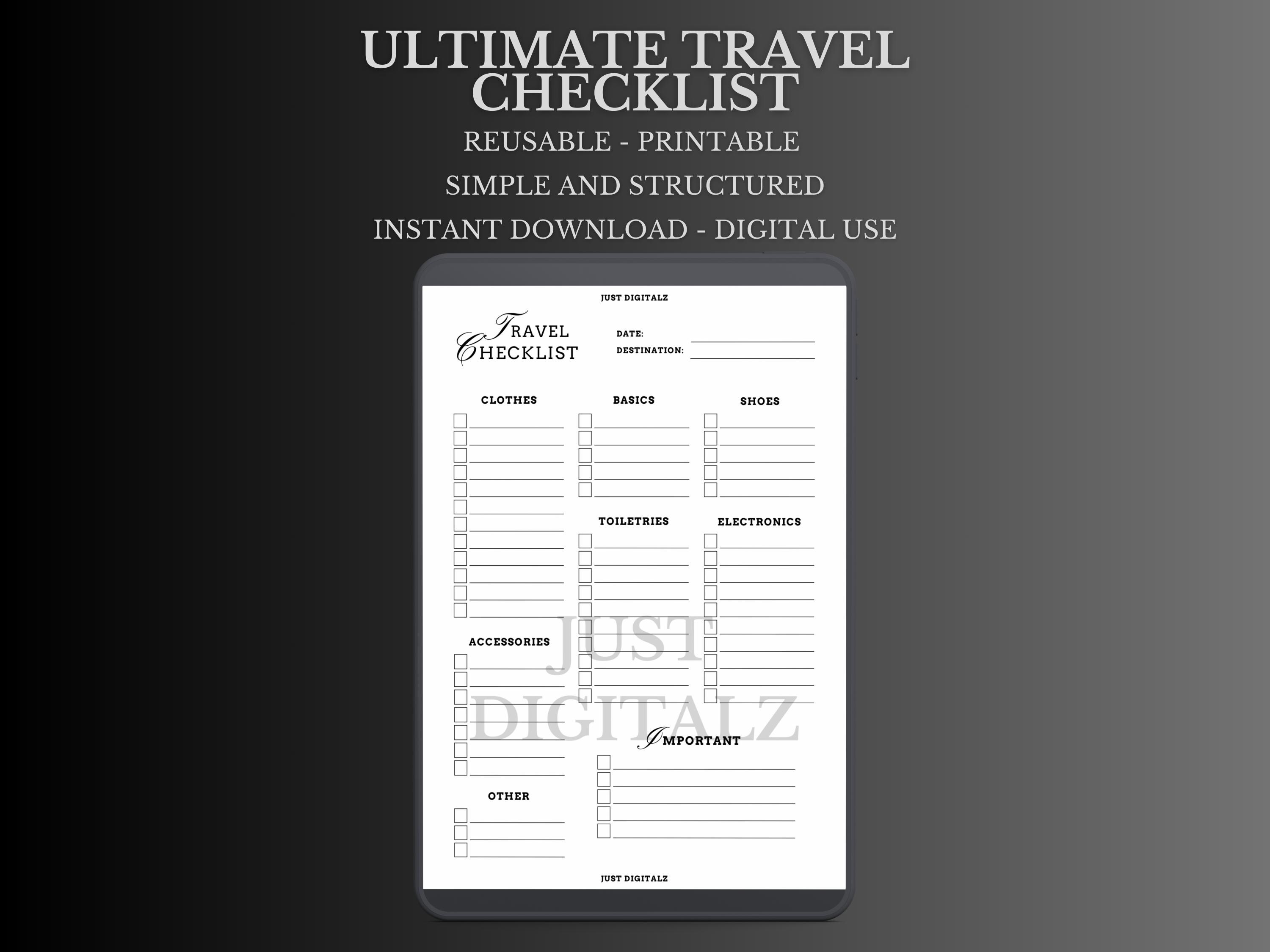 Ultimate Travel Checklist, Reusable, Printable, Instant Download ...