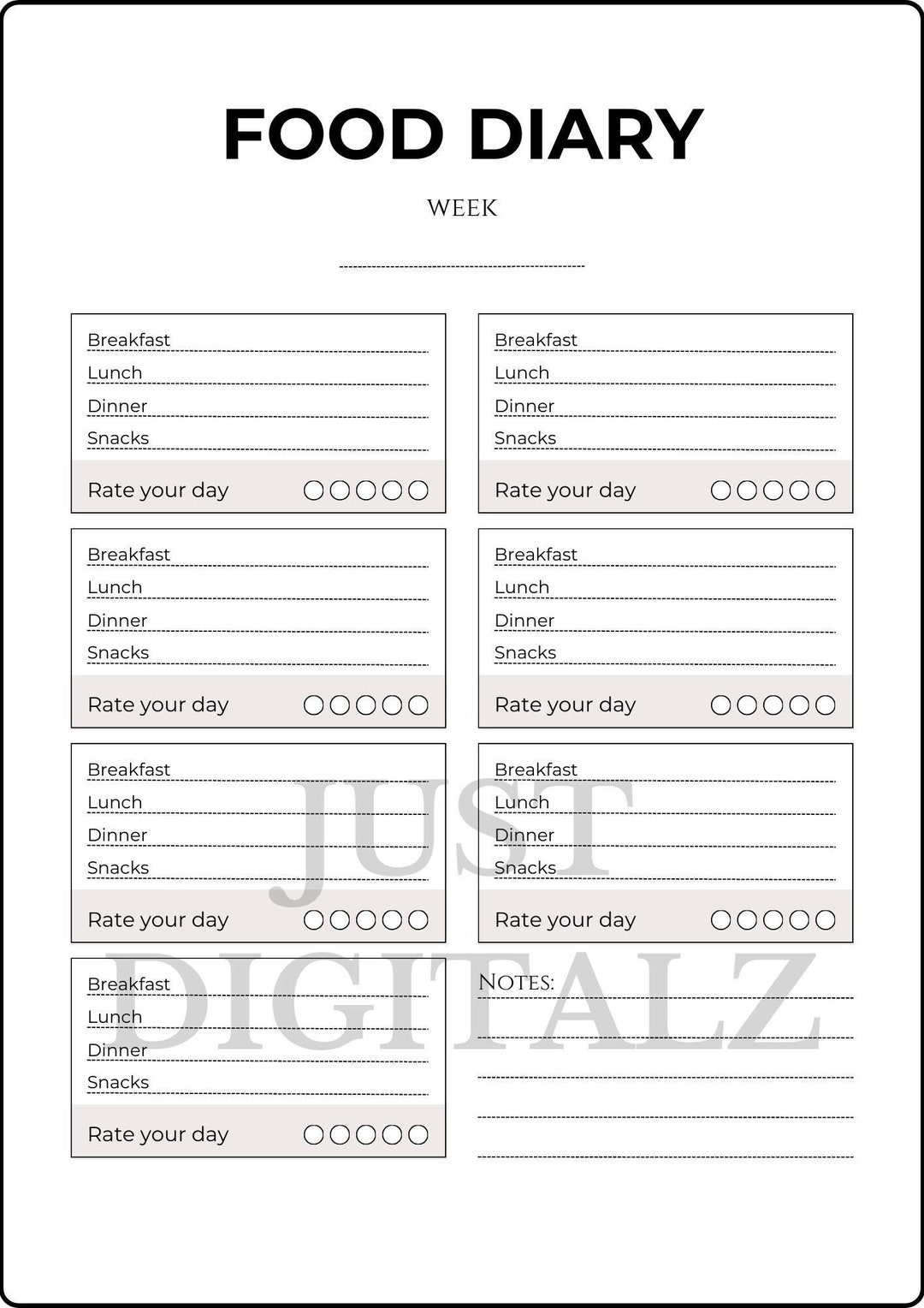 Weekly Food Diary, Instant Download, Printable Meal Planner, Track ...