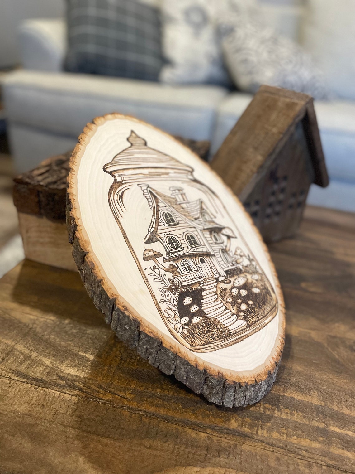 Handcrafted Wood Burning Pyrography Art - Fairy House in a Jar on ...