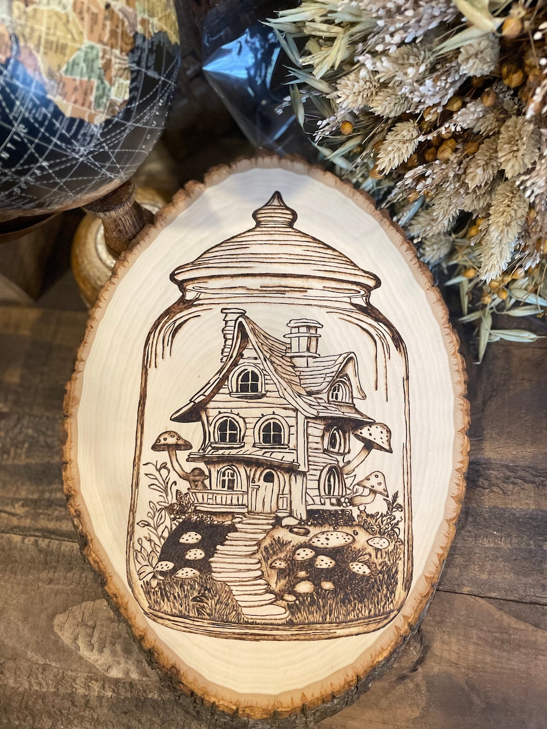Handcrafted Wood Burning Pyrography Art - Fairy House in a Jar on ...