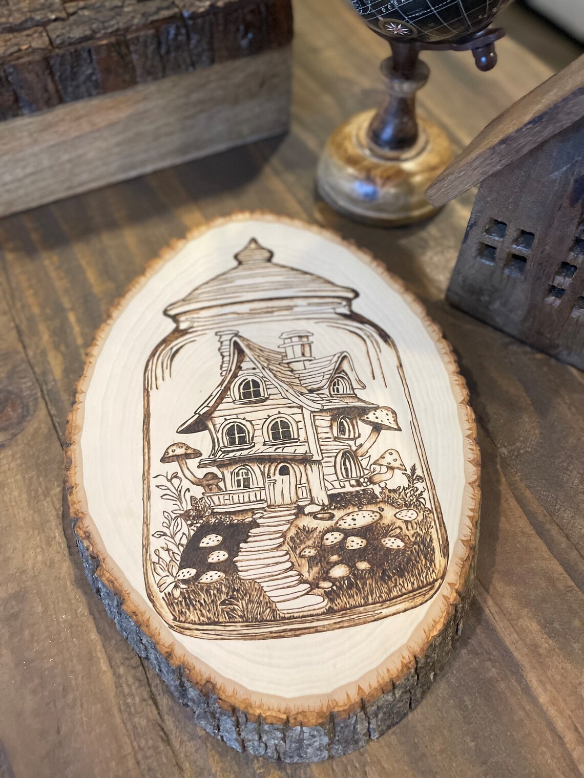 Handcrafted Wood Burning Pyrography Art - Fairy House in a Jar on ...