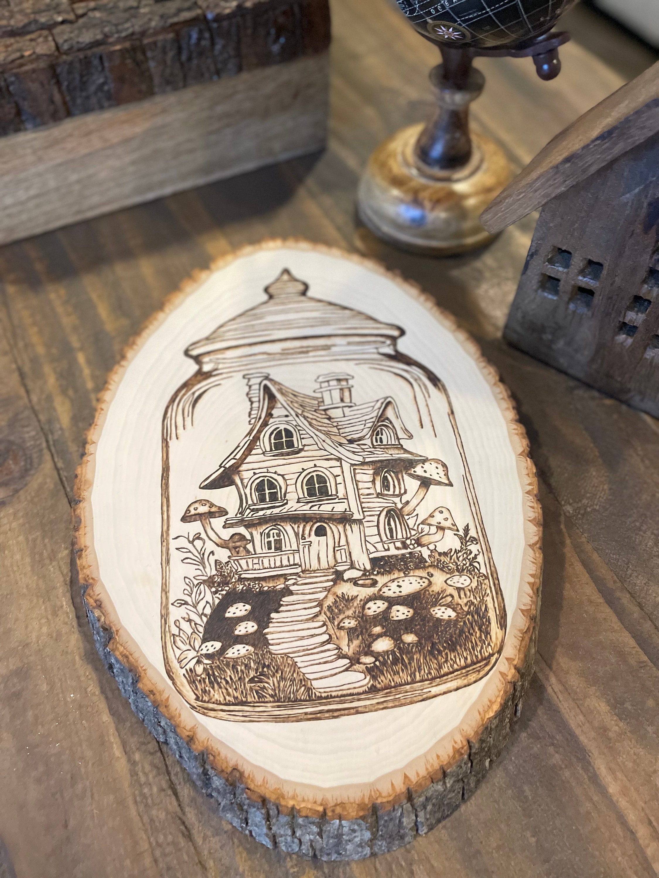 Handcrafted Wood Burning Pyrography Art - Fairy House in a Jar on ...