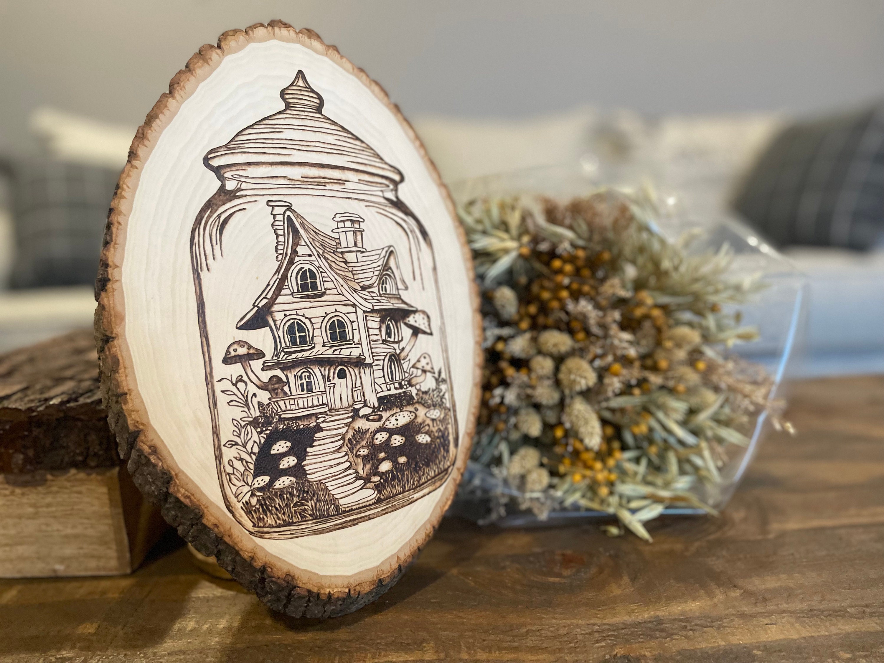 Handcrafted Wood Burning Pyrography Art - Fairy House in a Jar on ...