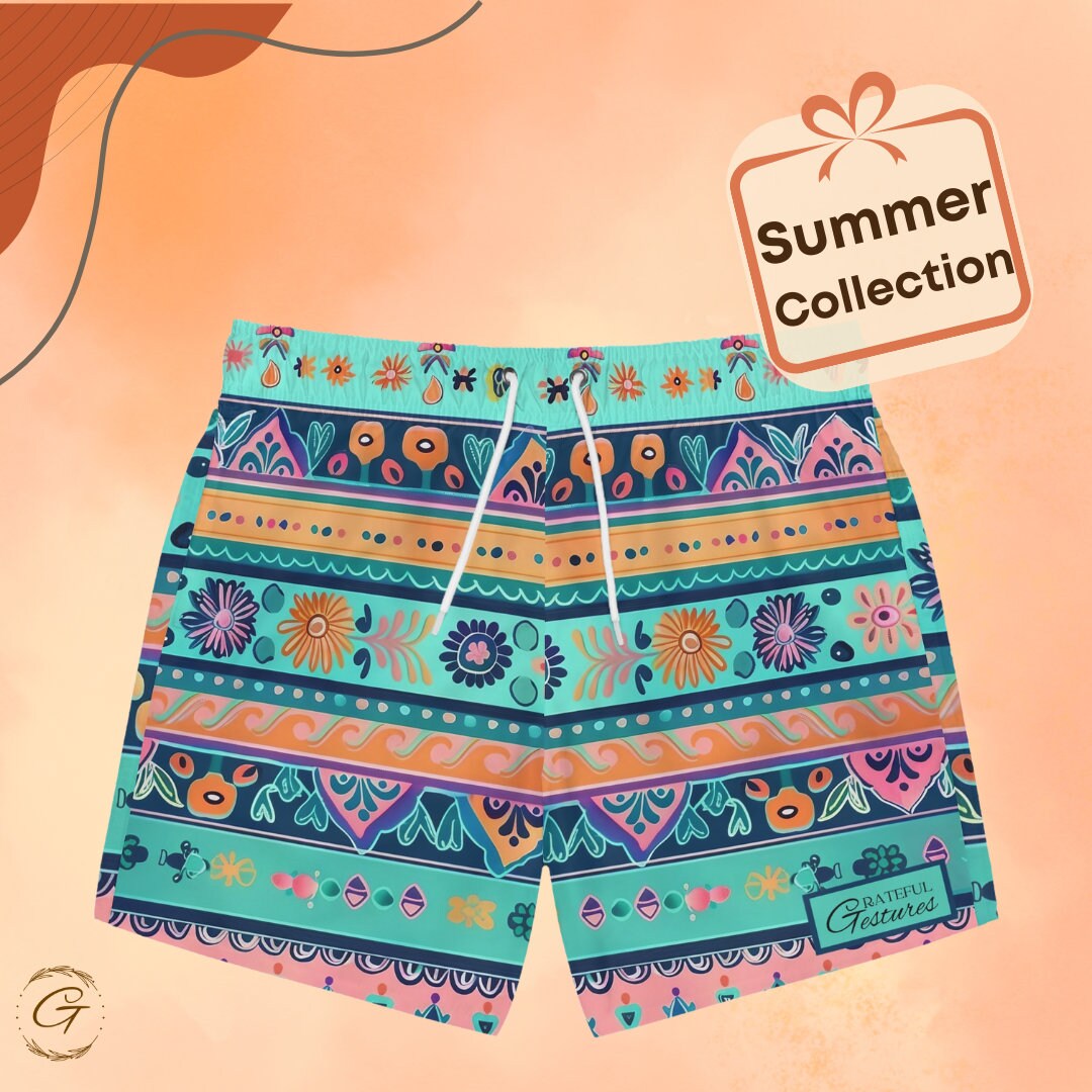 Bohemian Swim Trunks, Colorful AOP Design Beachwear, Vibrant Colorful ...