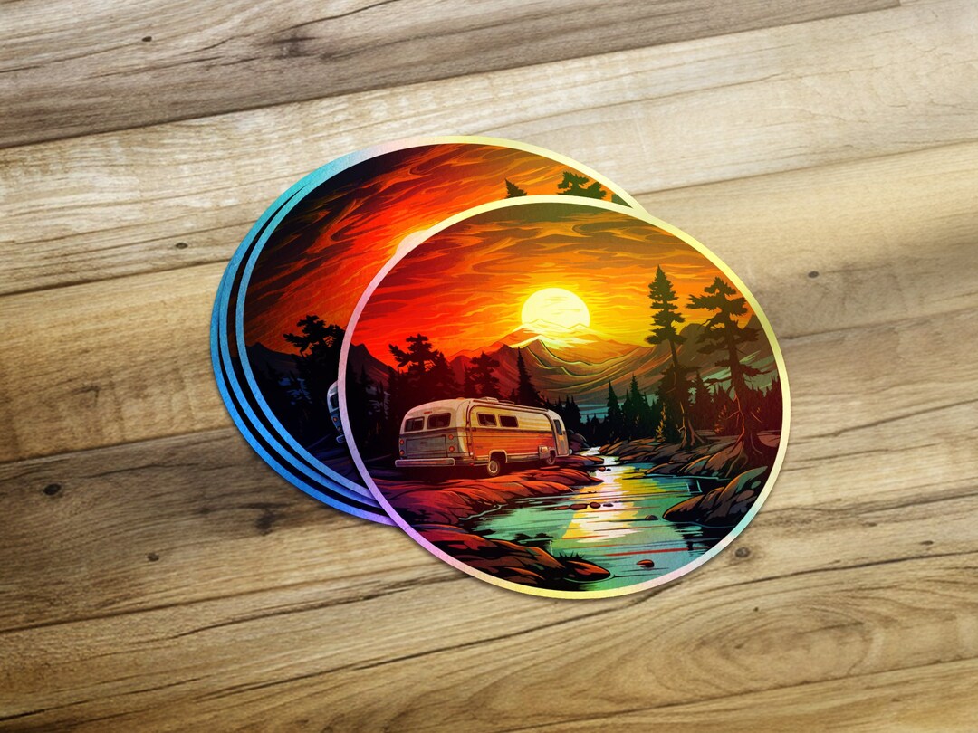 Vintage Camper Sunset Sticker, Nature Landscape Decal, Mountain Scene ...