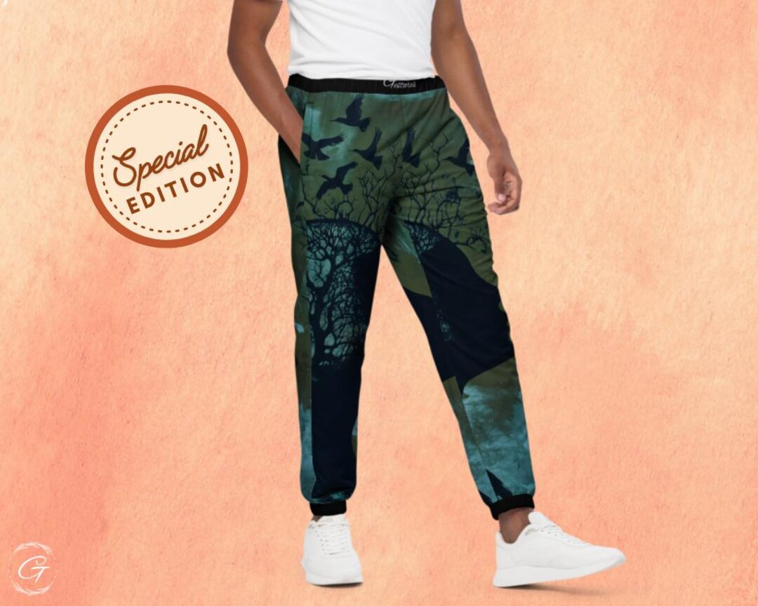 Mental Health Linocut Raven Forest Track Pants | Symbolic Self-care ...