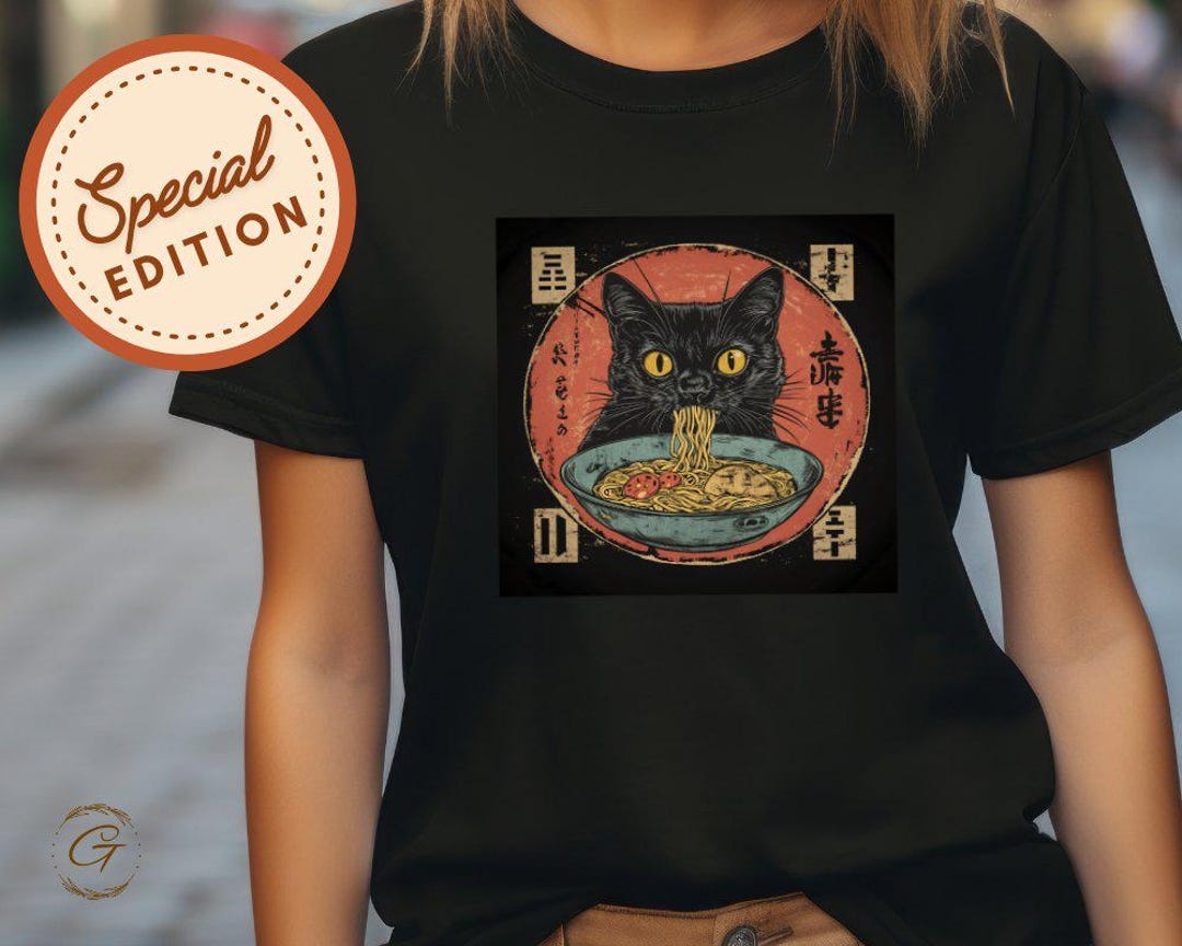 Cute Cat Eating Ramen T-shirt, Funny Noodle Lover Tee, Adorable Kitten ...