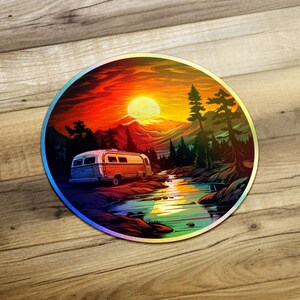 Vintage Camper Sunset Sticker, Nature Landscape Decal, Mountain Scene ...