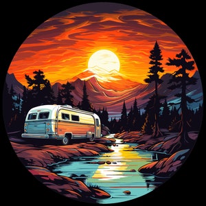 Vintage Camper Sunset Sticker, Nature Landscape Decal, Mountain Scene ...