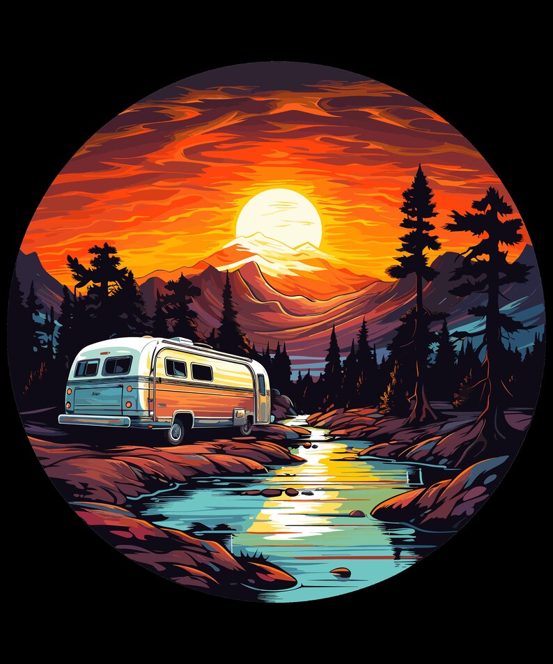 Vintage Camper Sunset Sticker, Nature Landscape Decal, Mountain Scene ...
