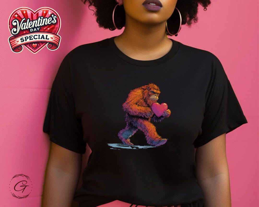 Bigfoot Sasquatch Holding Heart Graphic T-shirt, Valentines Bigfoot ...