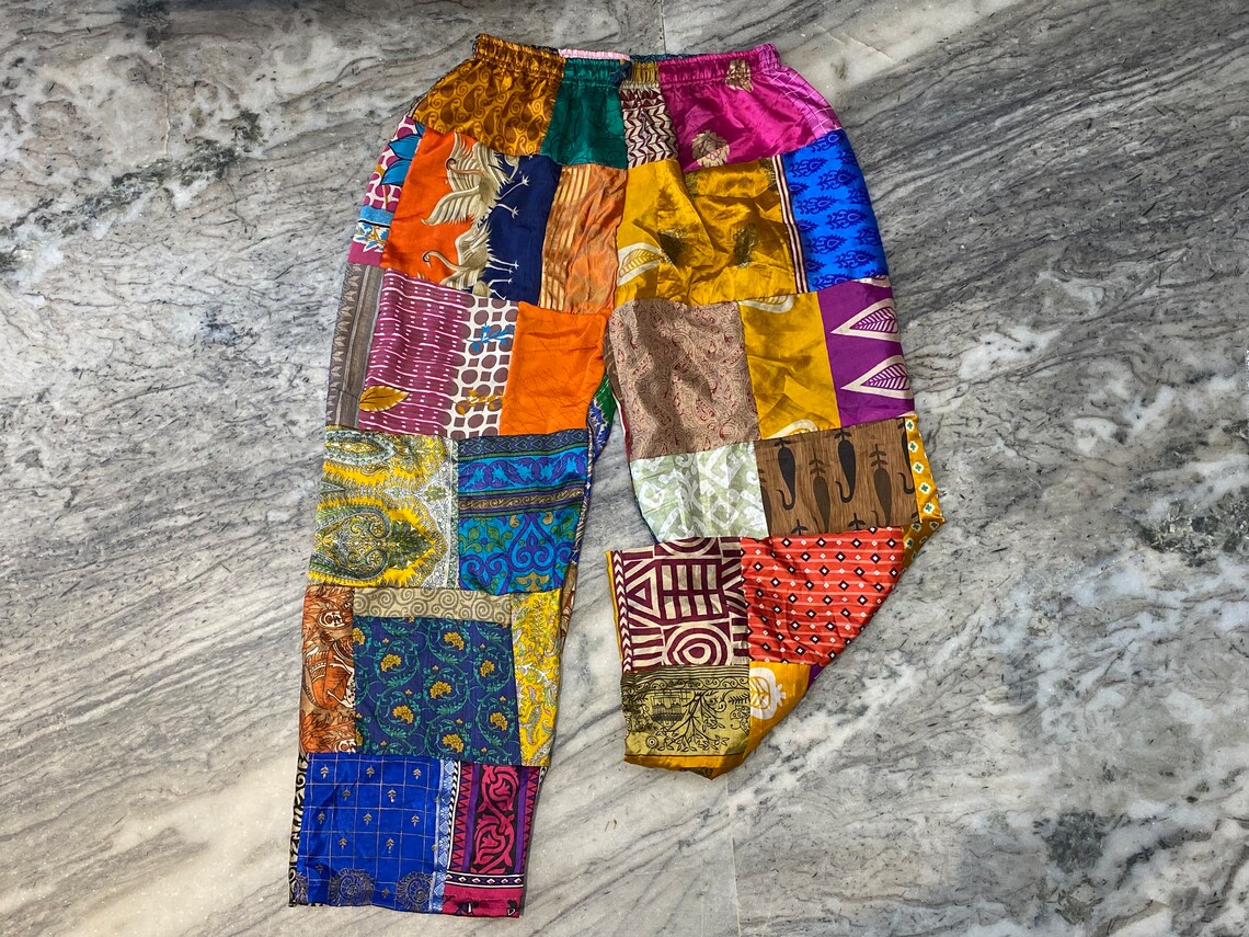 Assorted Saree Patch Work Silk Palazo Pant, Unisex Recycle Silk Patch ...